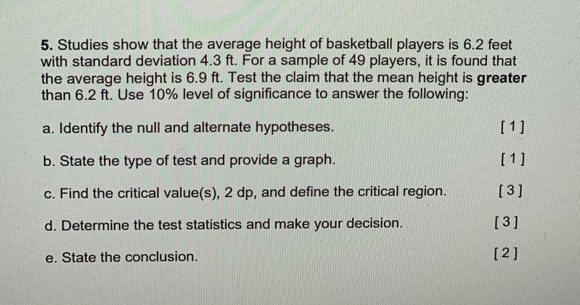 Solved 5. Studies show that the average height of basketball | Chegg.com