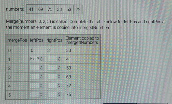 Solved Merge(numbers, 0,2,5 ) is called. Complete the table | Chegg.com