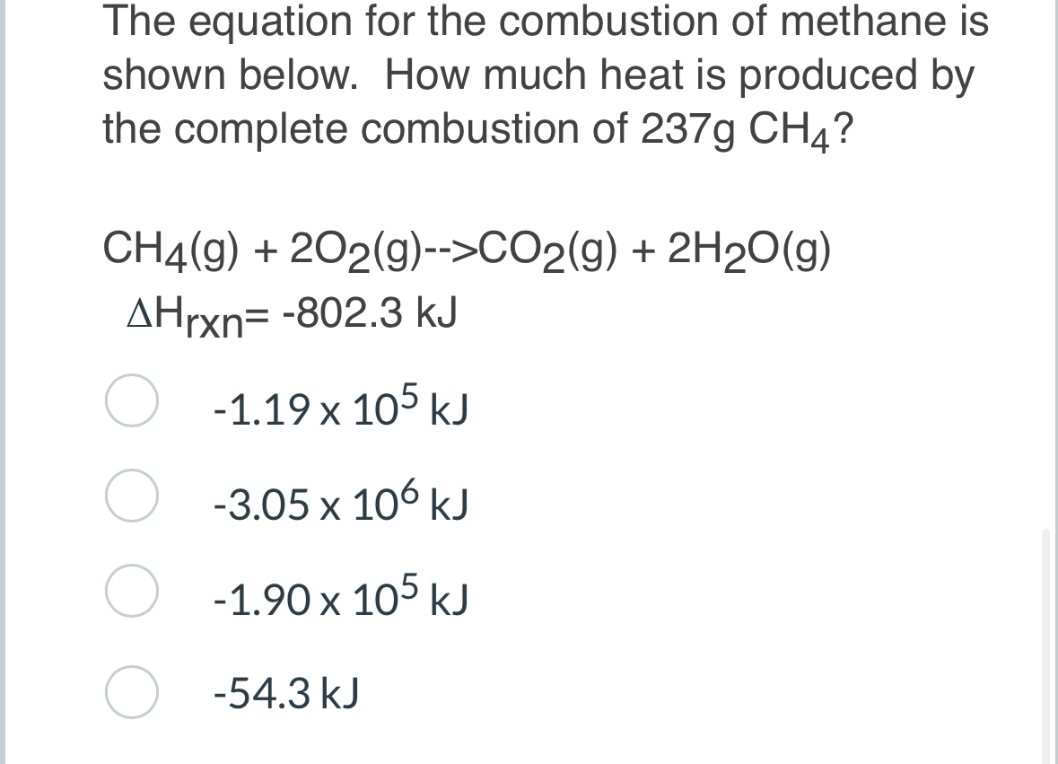 Solved The equation for the combustion of methane is shown | Chegg.com