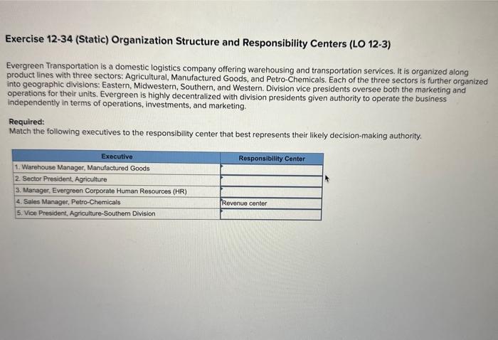 Solved Exercise 12-34 (Static) Organization Structure and | Chegg.com