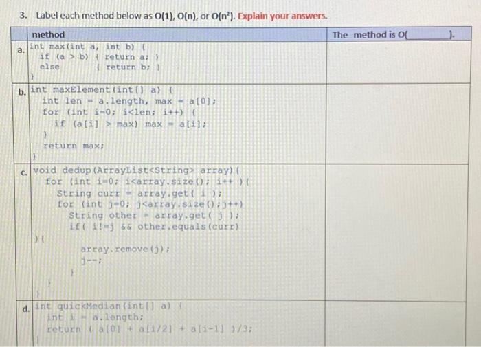 Solved 3. Label each method below as O(1),O(n), or O(n2). | Chegg.com