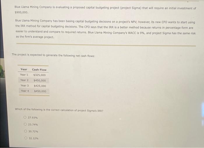 Solved Blue Llama Mining Company is evaluating a proposed | Chegg.com
