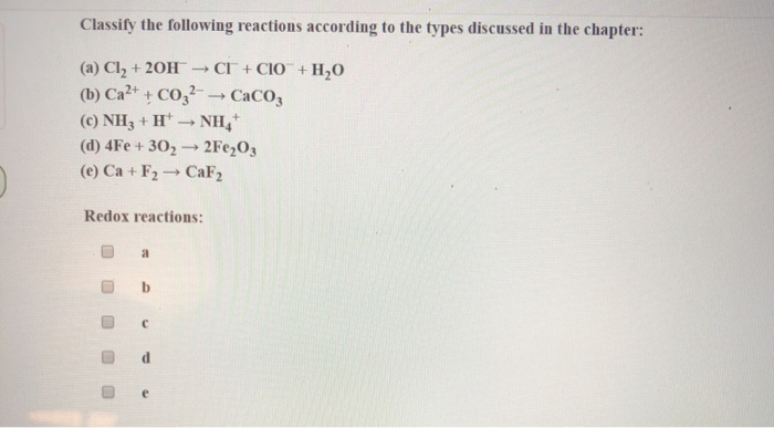Solved Classify the following reactions according to the | Chegg.com