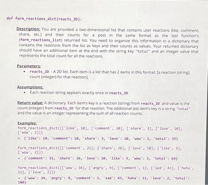 Solved form_reactions_list(react_dict1, react_dict2): | Chegg.com