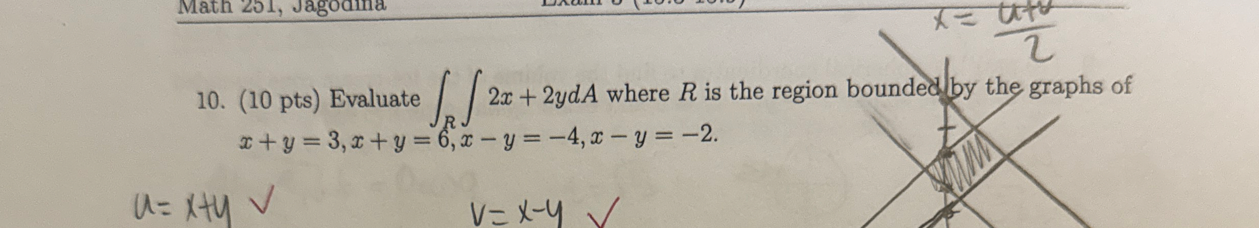 Solved (10 ﻿pts) ﻿Evaluate ∫R﻿∫x-y﻿2x+2ydA where R ﻿is the | Chegg.com