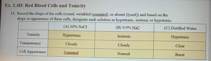 Ex. 2.4D: Red Blood Cells and Tonicity 15. Record the | Chegg.com