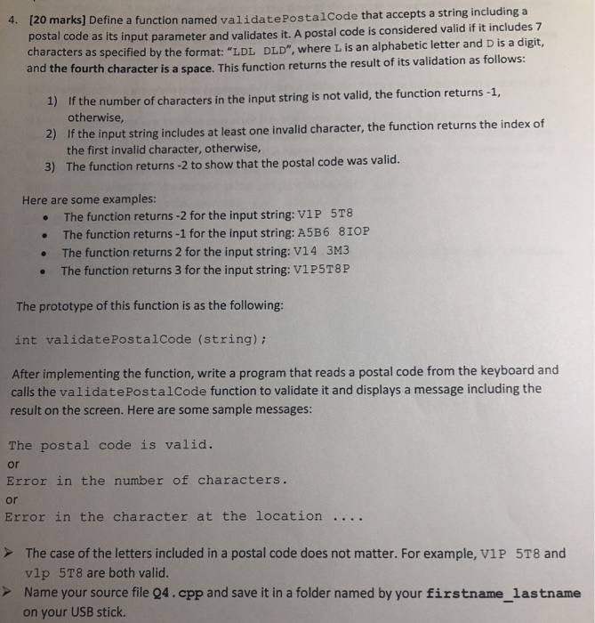 Solved 4. (20 marks] Define a function named validate Postal | Chegg.com