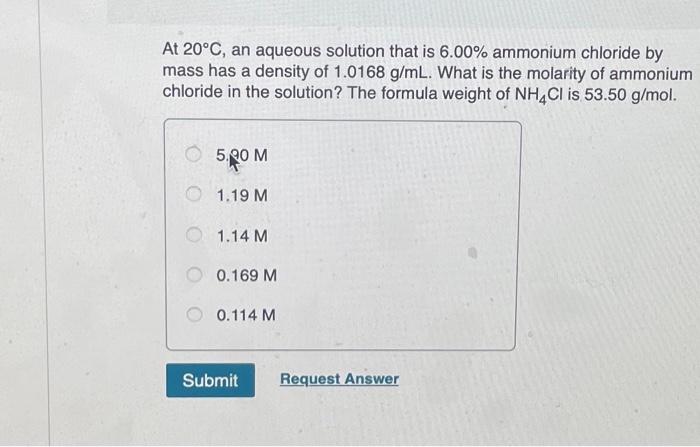 Solved At 20∘C, an aqueous solution that is 6.00% ammonium | Chegg.com