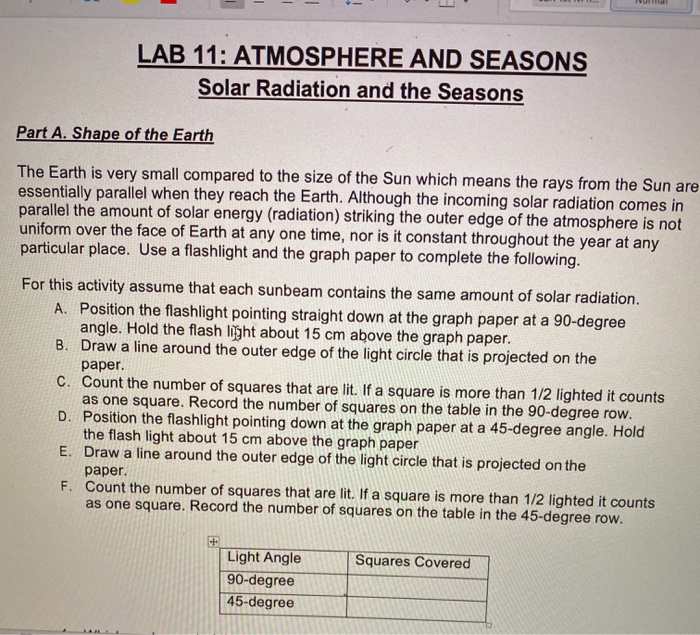 Solved LAB 11: ATMOSPHERE AND SEASONS Solar Radiation and | Chegg.com