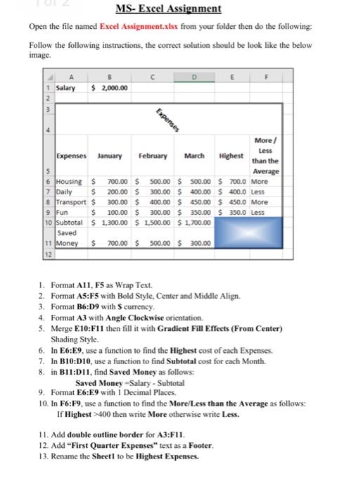 Solved Ms Excel Assignment Open The File Named Excel 