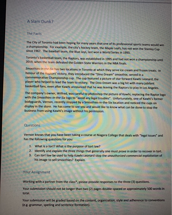 Solved A Slam Dunk? The Facts The City of Toronto had been | Chegg.com