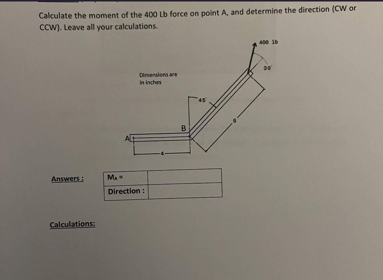 Solved Calculate the moment of the 400Lb ﻿force on point A, | Chegg.com