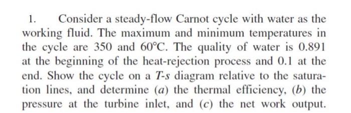 Solved 1. Consider a steady-flow Carnot cycle with water as | Chegg.com