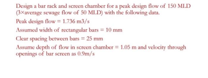 Design a bar rack and screen chamber for a peak | Chegg.com