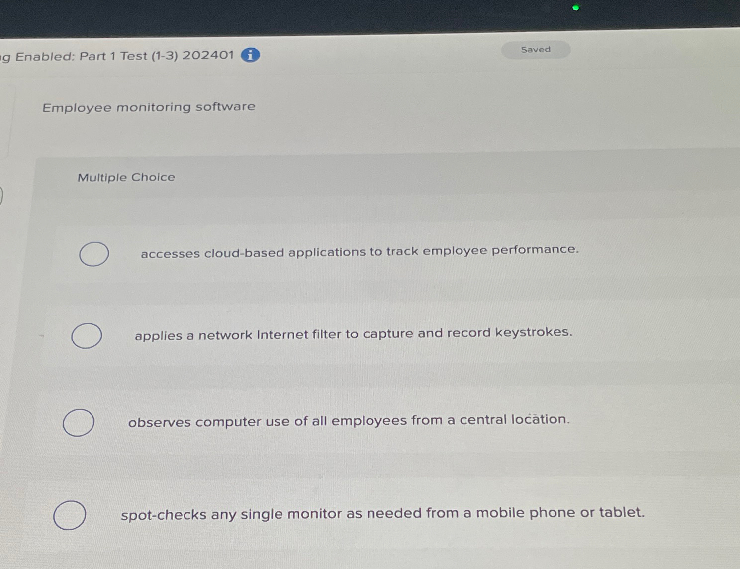 Solved g Enabled: Part 1 ﻿Test (1-3) 202401 ﻿iEmployee | Chegg.com
