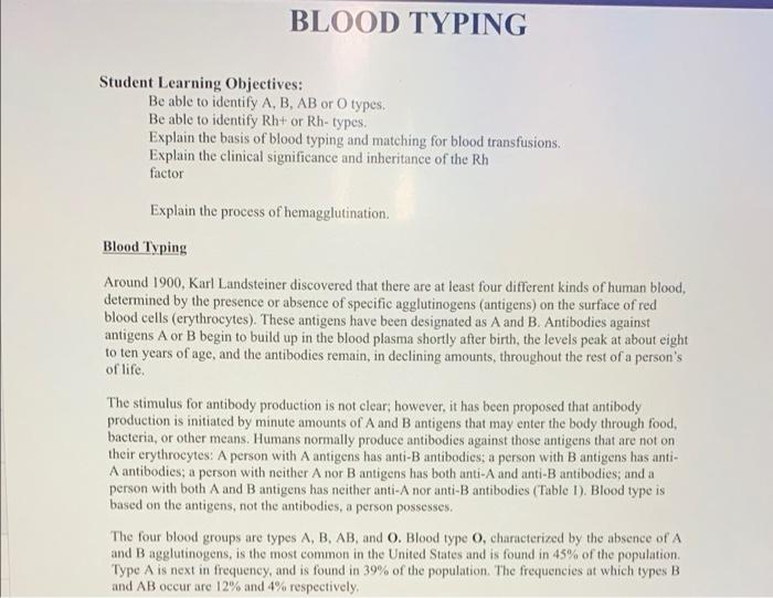 Solved Blood Typing Around 1900, Karl Landsteiner discovered | Chegg.com