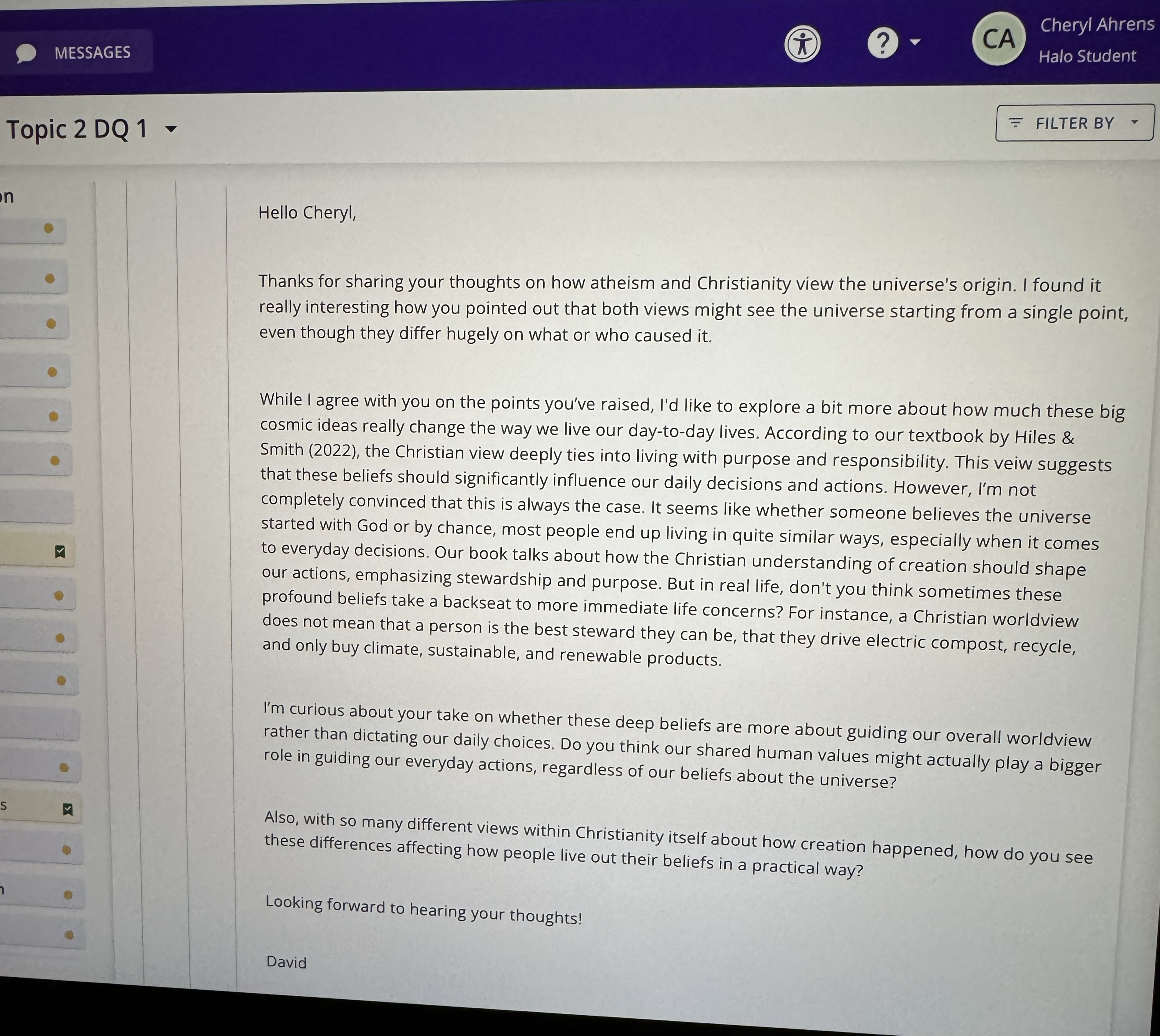 Solved MESSAGES?CACheryl AhrensHalo StudentTopic 2 ﻿DQ | Chegg.com
