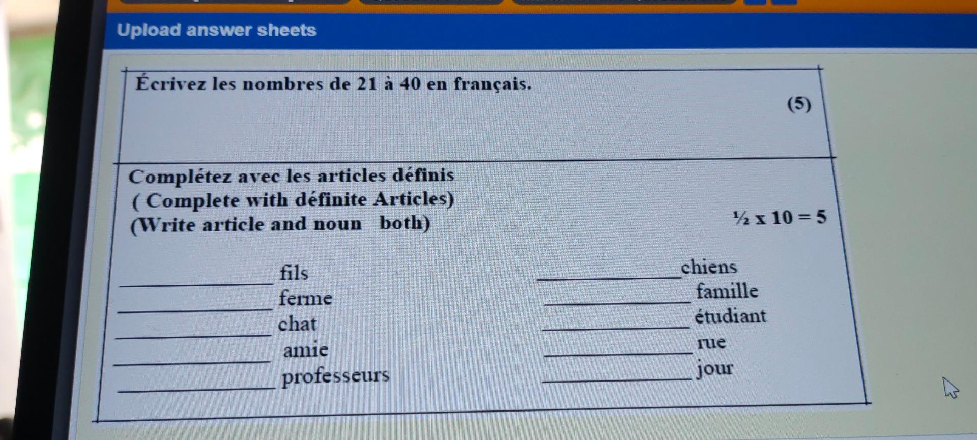 Solved Upload answer sheets Écrivez les nombres de 21 à 40 | Chegg.com