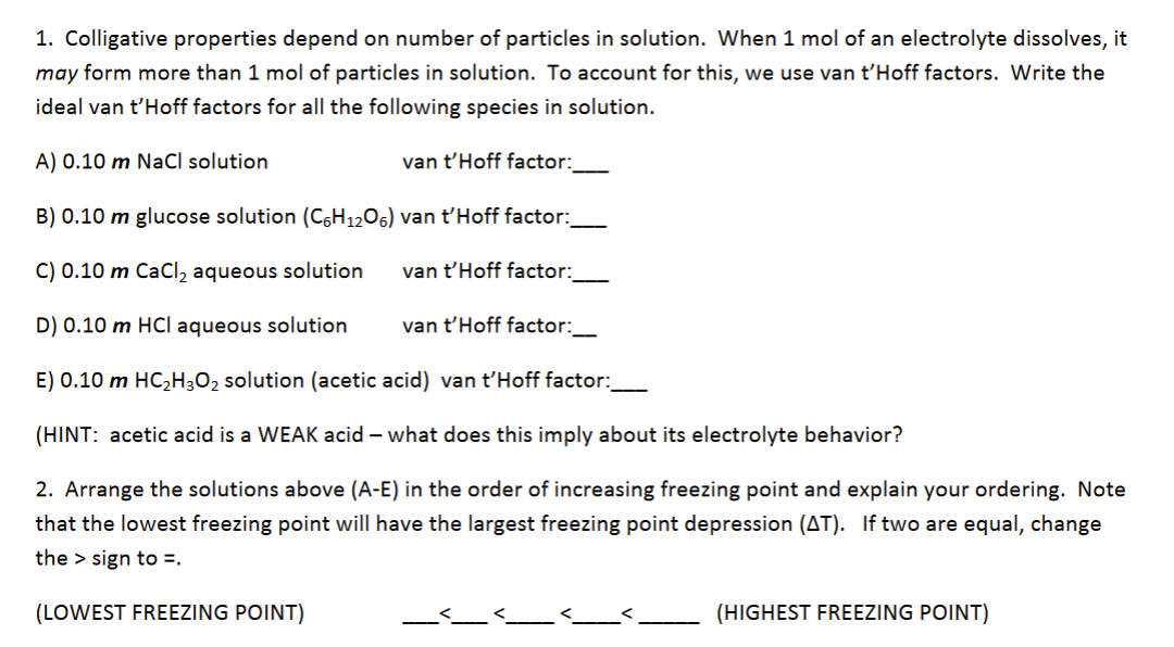 Solved Colligative properties depend on number of particles | Chegg.com