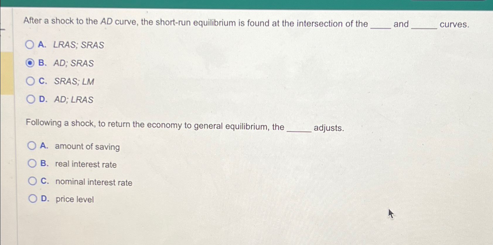 Solved After a shock to the AD ﻿curve, the short-run | Chegg.com