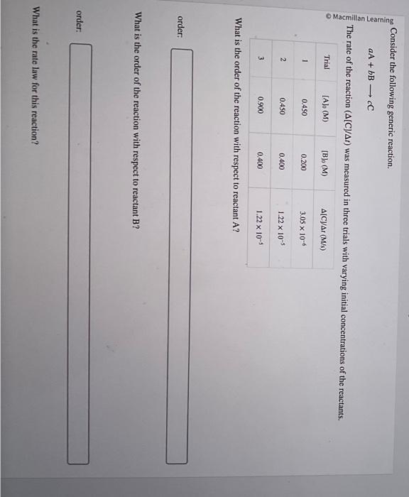 Solved Consider the following generic reaction. a A+b B cC | Chegg.com