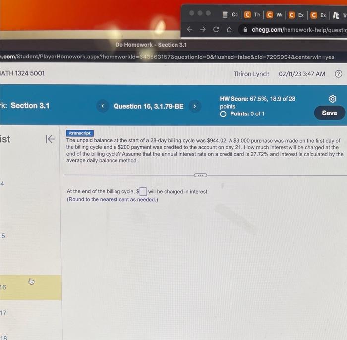 Solved The unpaid balance at the start of a 28-day billing | Chegg.com