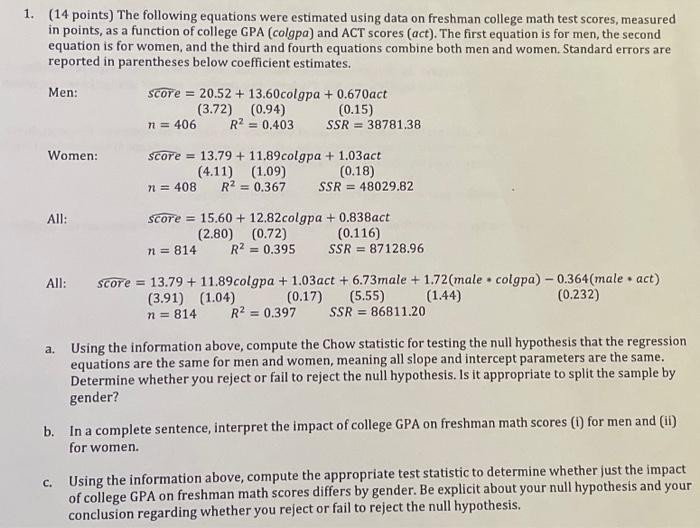 (14 points) The following equations were estimated | Chegg.com