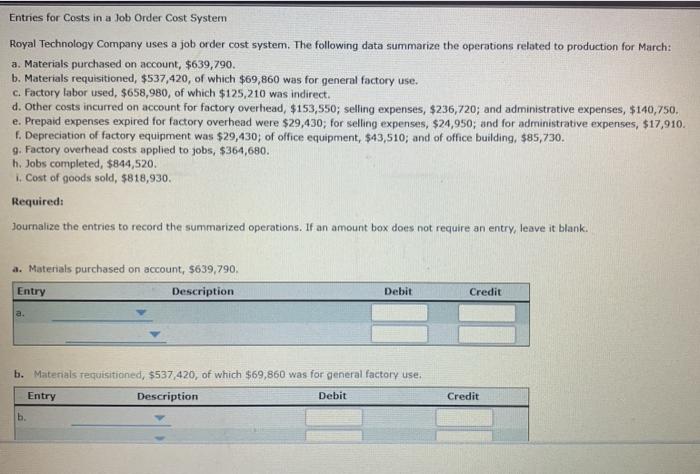 Solved Entries for Costs in a Job Order Cost System Royal | Chegg.com