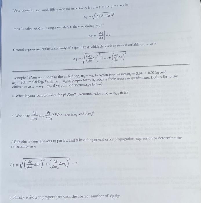 Solved Uncertainty for sums and differences: the uncertainty | Chegg.com