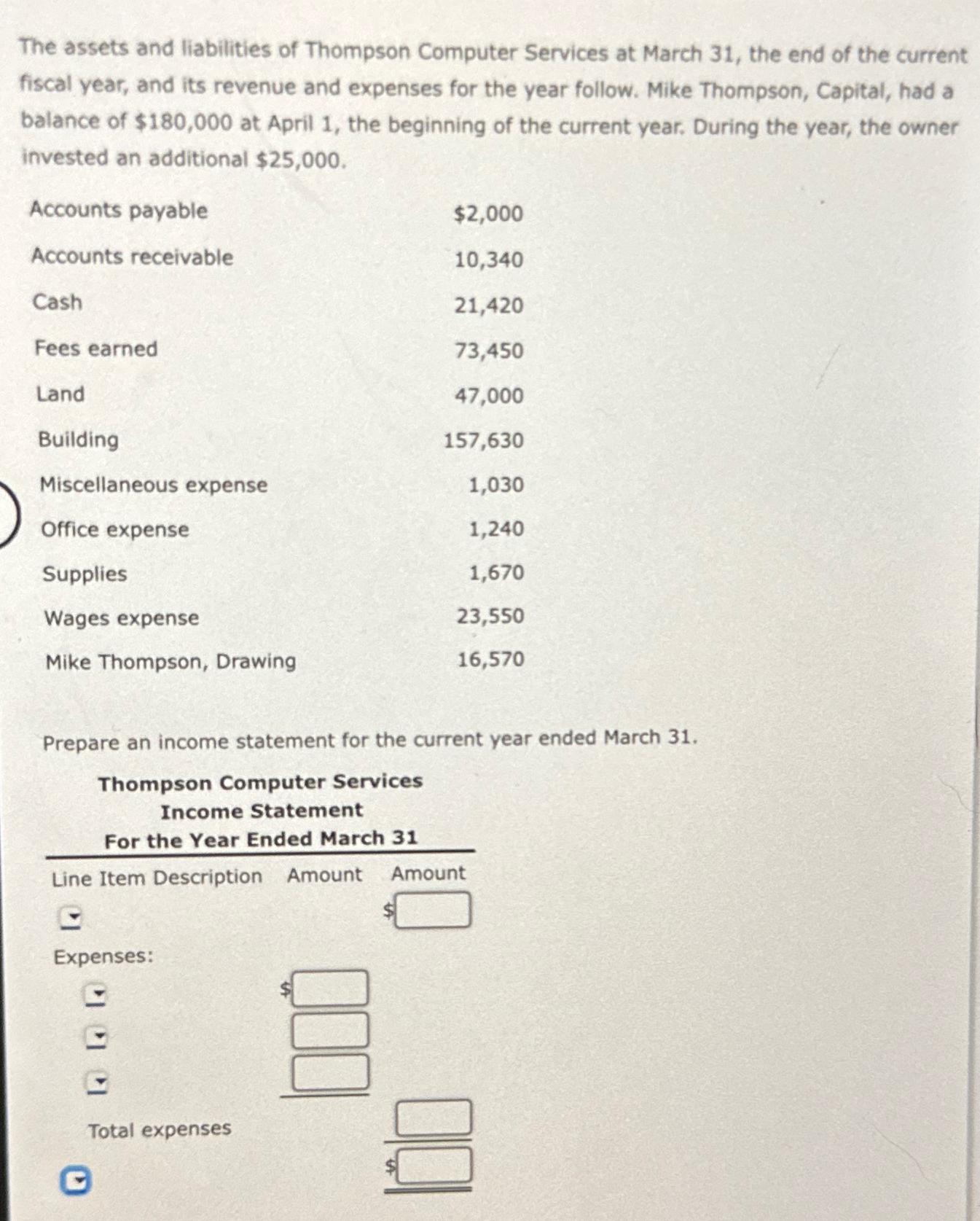 Solved The assets and liabilities of Thompson Computer | Chegg.com