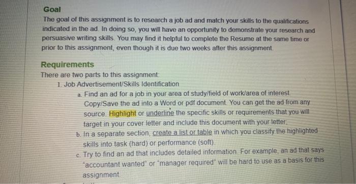 Solved Goal The goal of this assignment is to research a job | Chegg.com