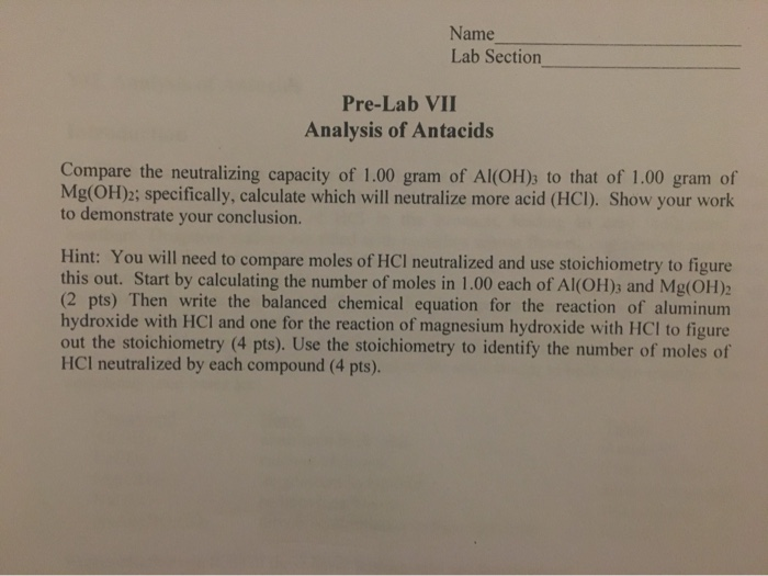 Solved Name Lab Section Pre-Lab VII Analysis of Antacids | Chegg.com