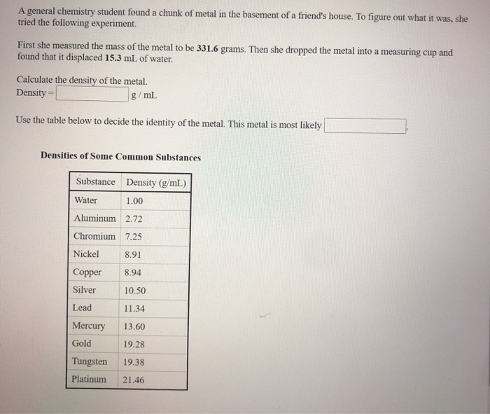 Solved A general chemistry student found a chunk of metal in | Chegg.com