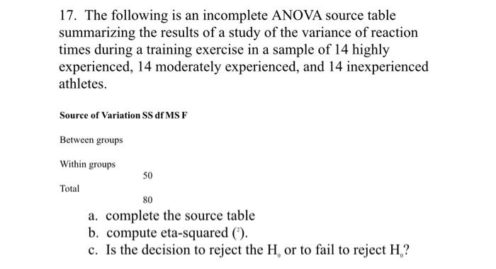 Solved 17. The following is an incomplete ANOVA source table | Chegg.com