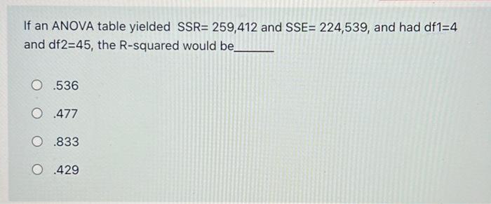 Solved If an ANOVA table yielded SSR =259,412 and SSE | Chegg.com