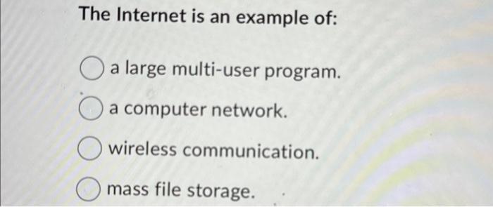 Solved The Internet is an example of: O a large multi-user | Chegg.com