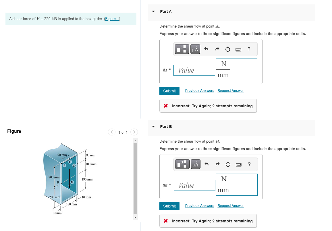 Solved A shear force of V=220kN ﻿is applied to the box | Chegg.com