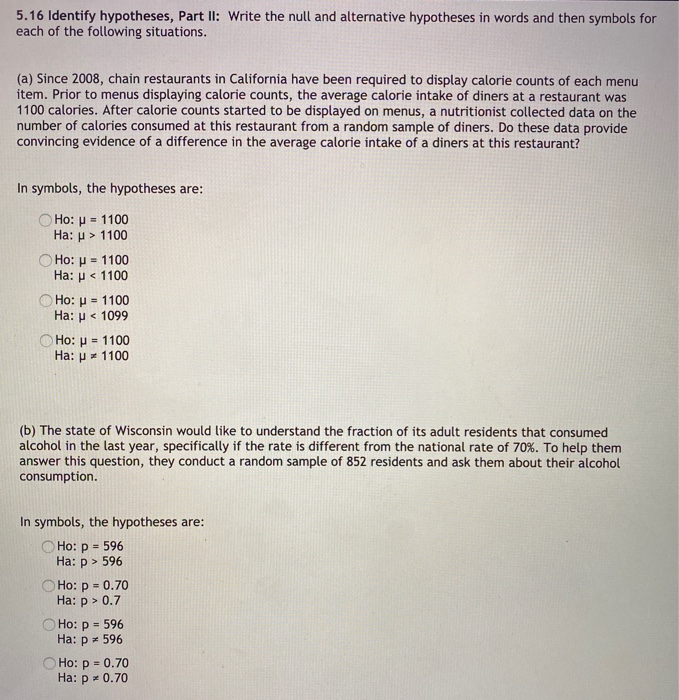 Solved 516 Identify Hypotheses Part Ii Write The Null And 