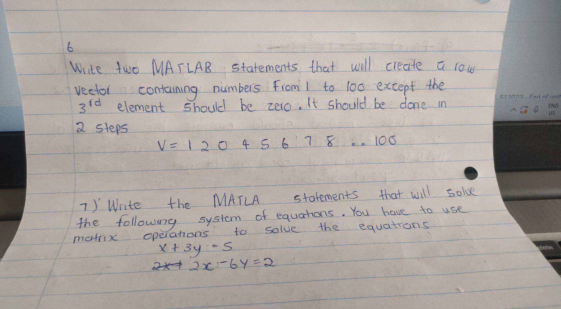 Solved 6 Wite two MATLAB statements that will ereate a row | Chegg.com