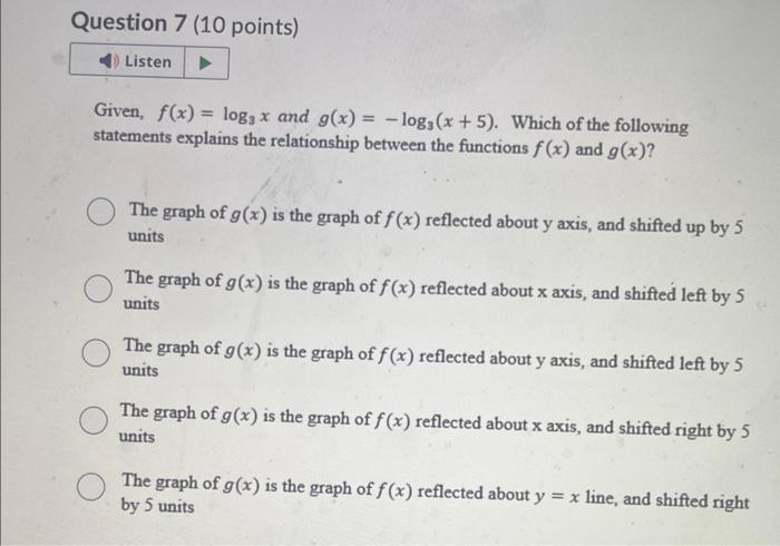 Solved Given, f(x)=log3x and g(x)=−log3(x+5). Which of the | Chegg.com