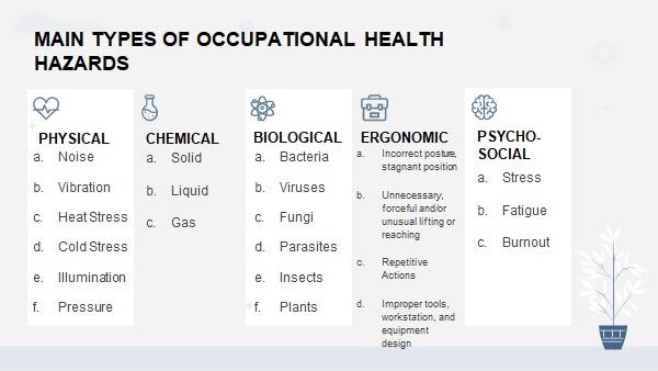 Solved 03 OCCUPATIONAL HEALTH HAZARDS MAIN TYPES OF | Chegg.com