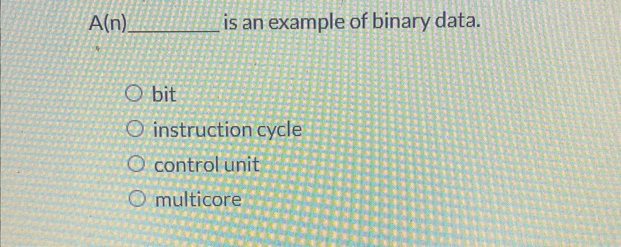 Solved A(n) ﻿is an example of binary data.bitinstruction | Chegg.com