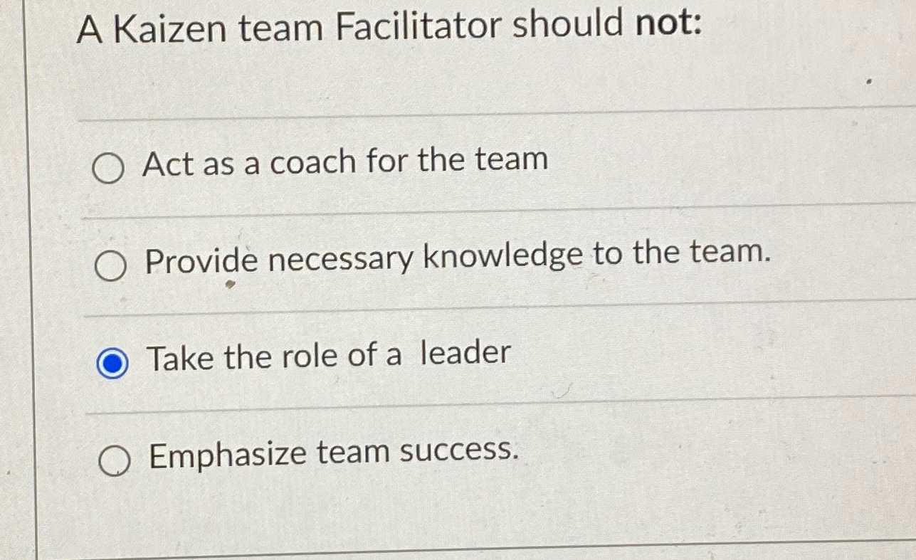 Solved A Kaizen team Facilitator should not:Act as a coach | Chegg.com