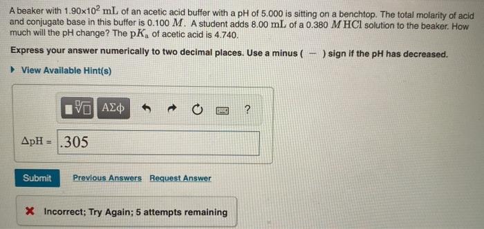Solved A beaker with 1.90x102 mL of an acetic acid buffer | Chegg.com