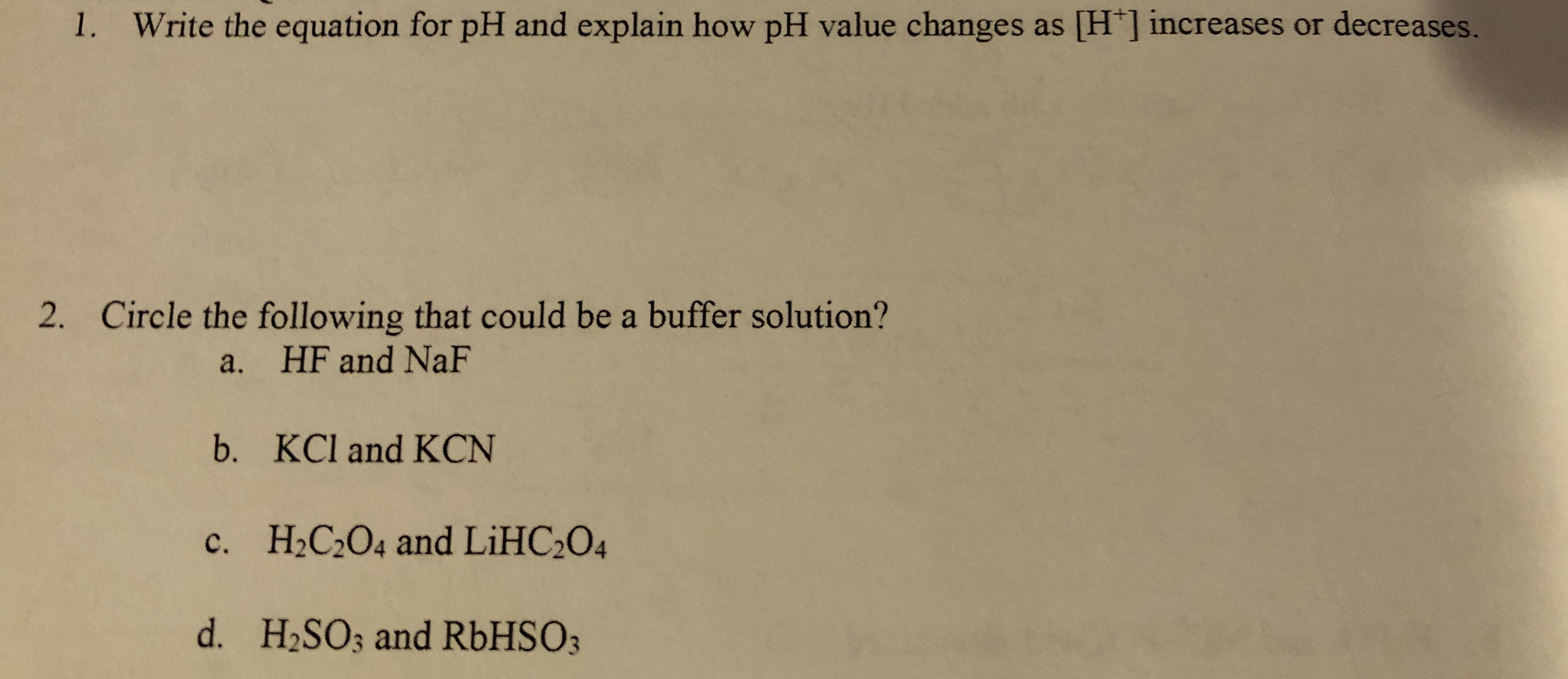 Solved Write the equation for pH and explain how pH value | Chegg.com
