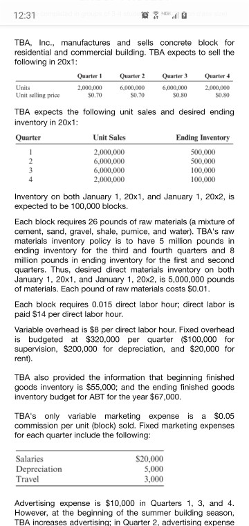 Solved 12:31 TBA, Inc., manufactures and sells concrete | Chegg.com