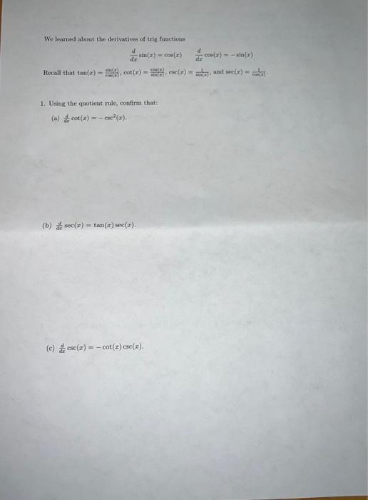Solved We learned about the derivatives of trikg fuactions | Chegg.com Solved We learned about the derivatives of trikg fuactions | Chegg.com
