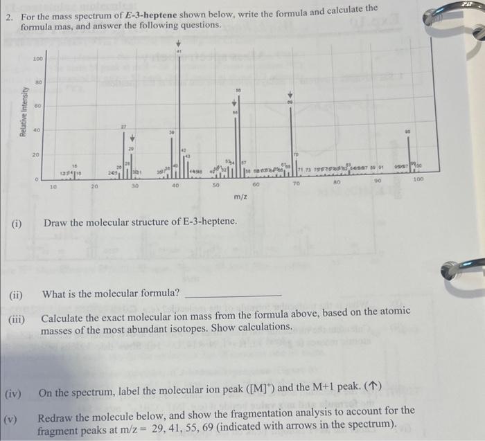 Solved 2. For the mass spectrum of E−3-heptene shown below, | Chegg.com