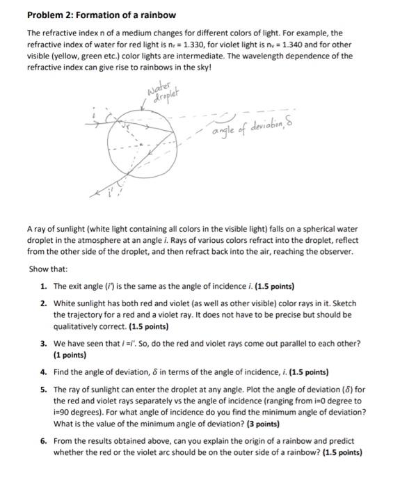 Problem 2: Formation of a rainbow The refractive | Chegg.com