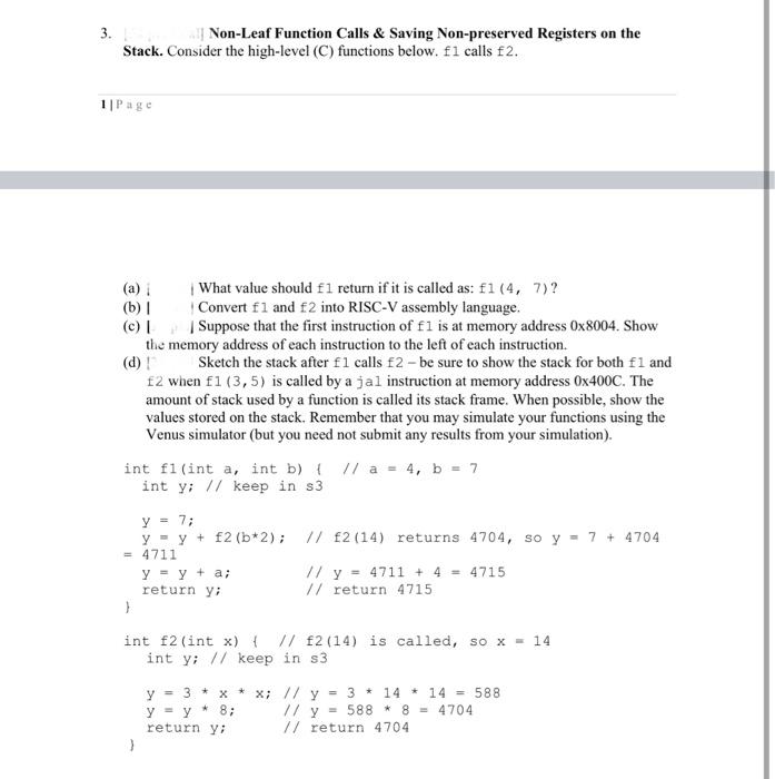 Solved 3. | Non-Leaf Function Calls \& Saving Non-preserved | Chegg.com